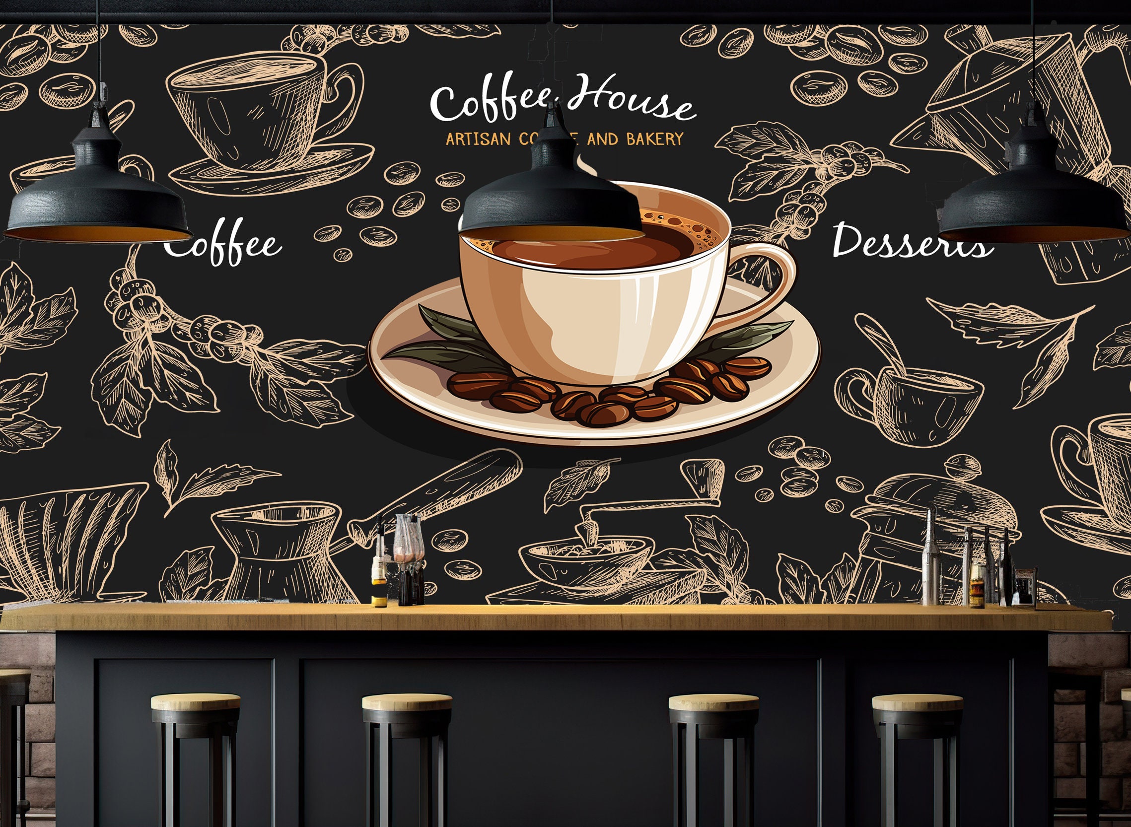 Coffee Shop Peel and Stick Wallpaper,removable Chalkboard Cafe Wall ...