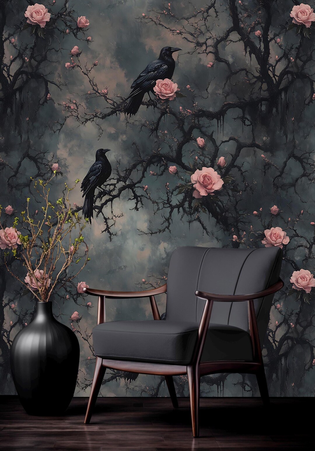 Gothic Wallpaper With Crows,dark Floral Mural Peel and Stick,moody Wall ...