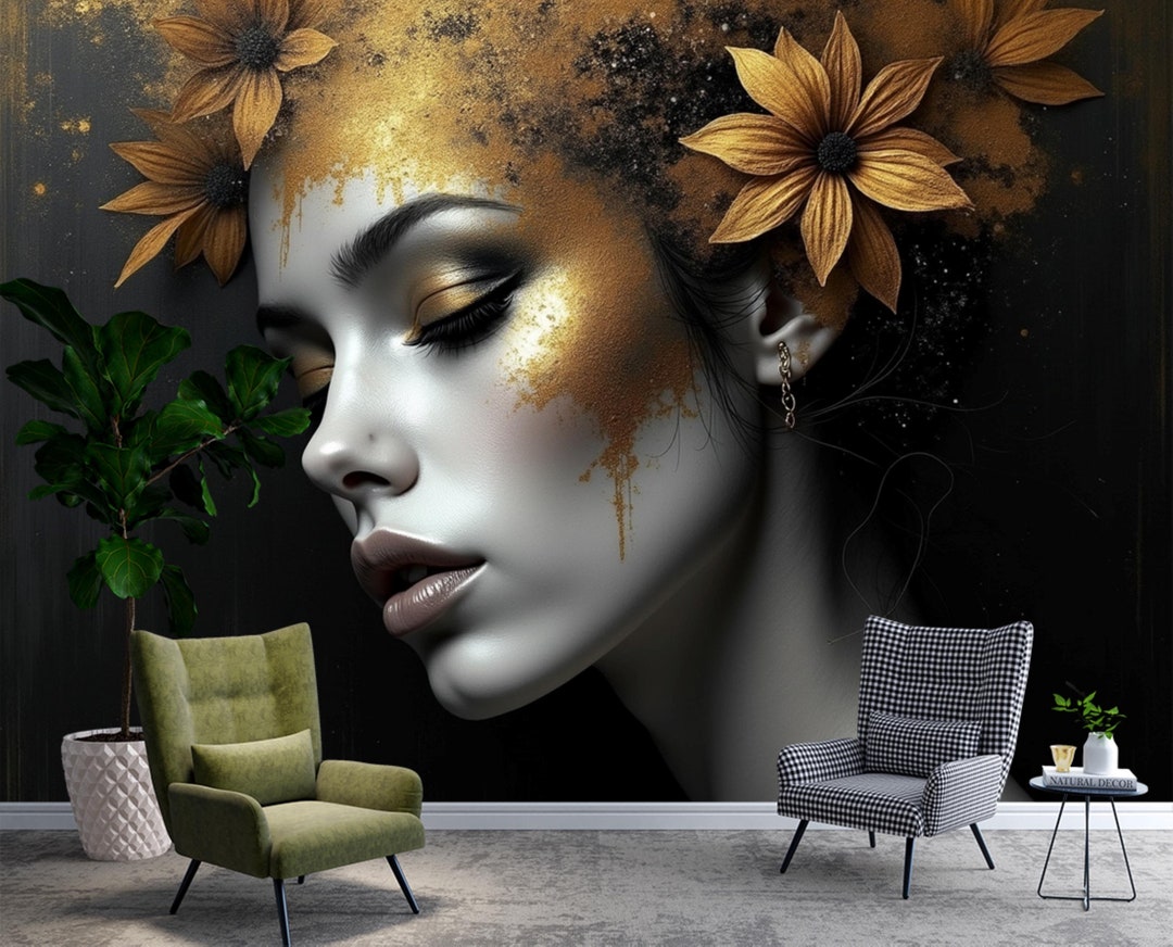Abstract Woman With Flowers Wallpaper Peel and Stick,modern Black Gold ...