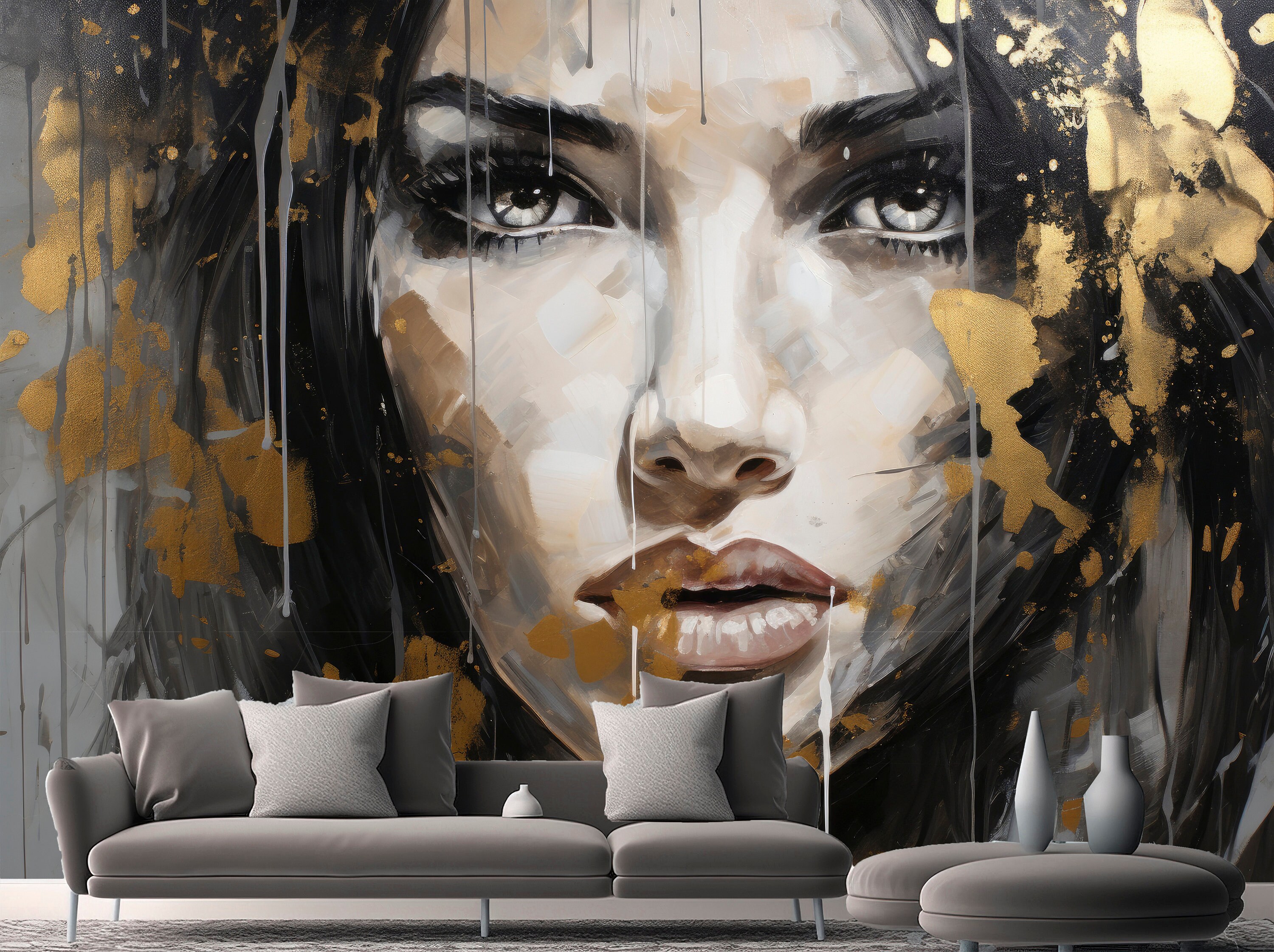 Abstract Woman Face Wallpaper Peel and Stick,modern Black Gold Mural ...