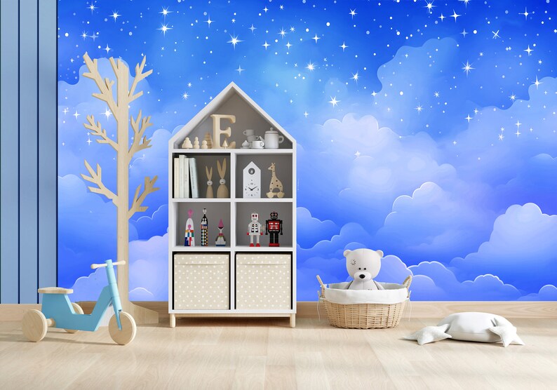 Blue Clouds Kids Wallpaper Peel and Stick,navy Sky Mural for Kids Room ...