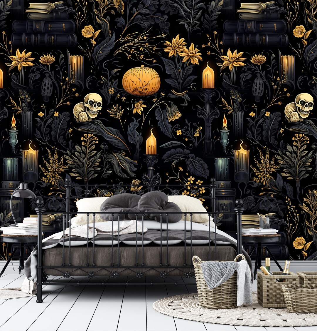 Black Gothic Mural With Skulls,dark Floral Bunch Wallpaper Peel and ...