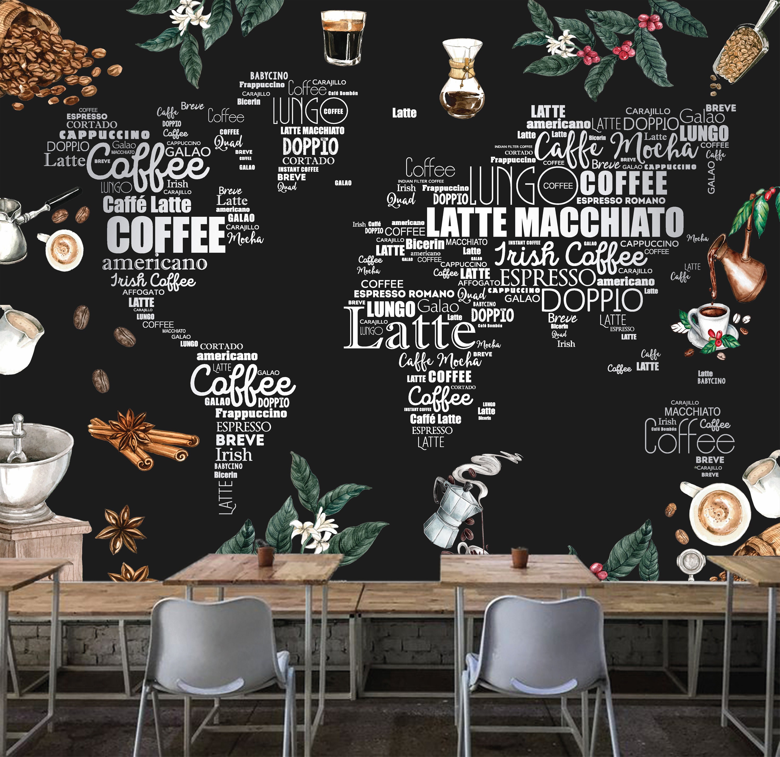 Coffee Shop World Map Peel and Stick Wallpaper,cafe Wall Mural ...