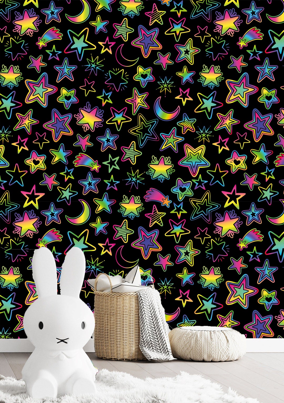 Bright Neon Stars Kids Wallpaper Peel and Stick,sky Mural for Girls ...