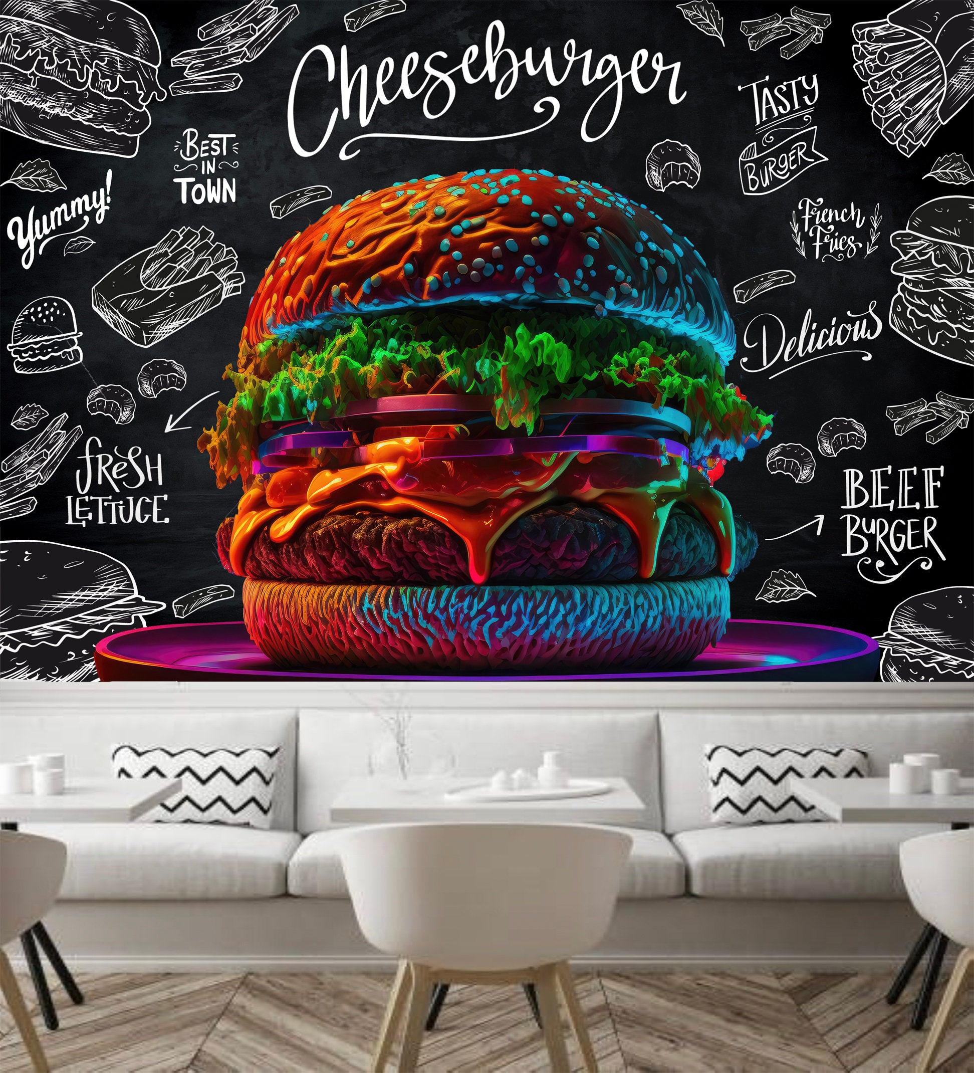 Neon Hamburger Restaurant Peel and Stick Wallpaper,black Fast Food ...