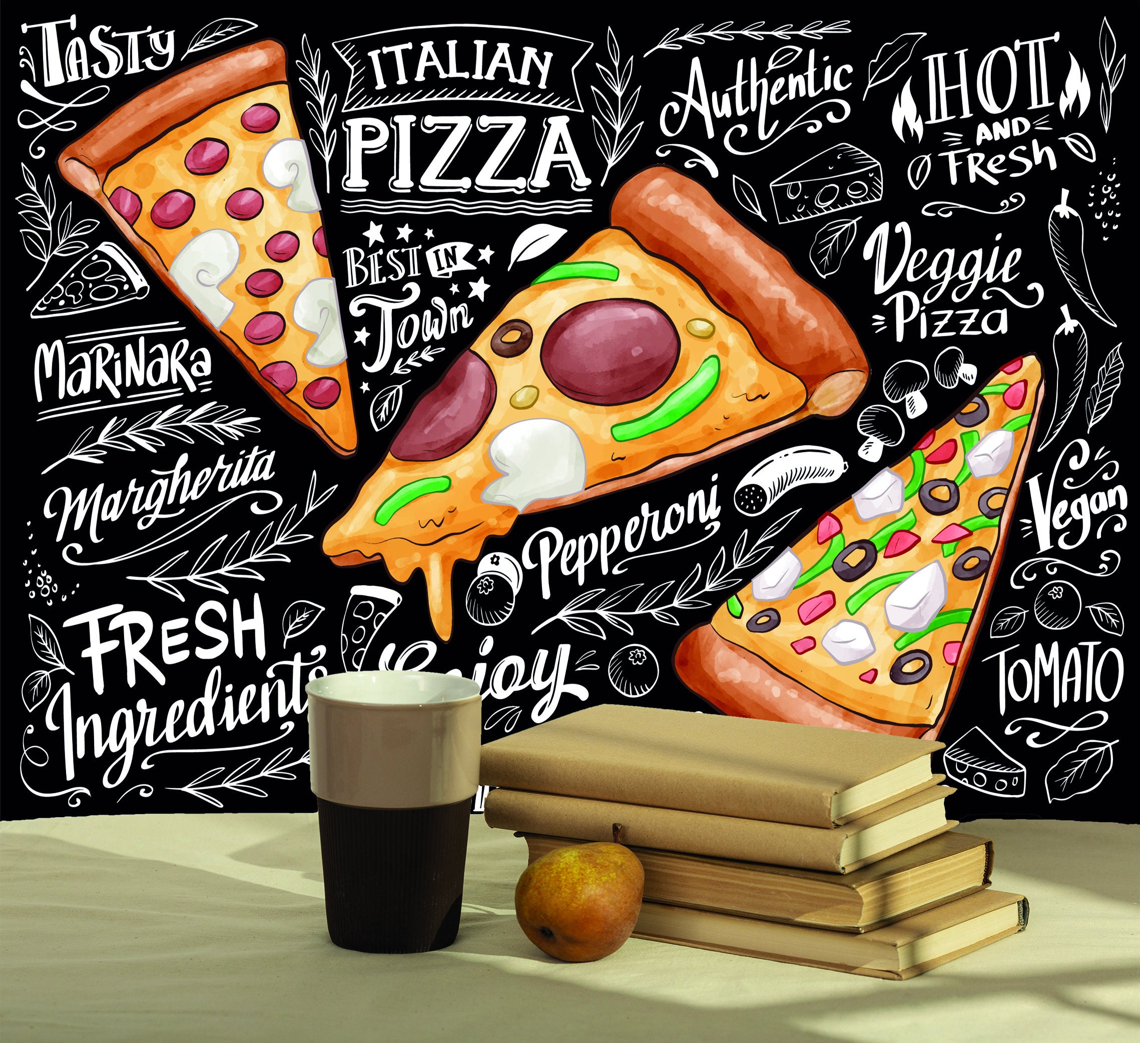 Pizza Restaurant Peel and Stick Wallpaper,removable Chalkboard Cafe ...