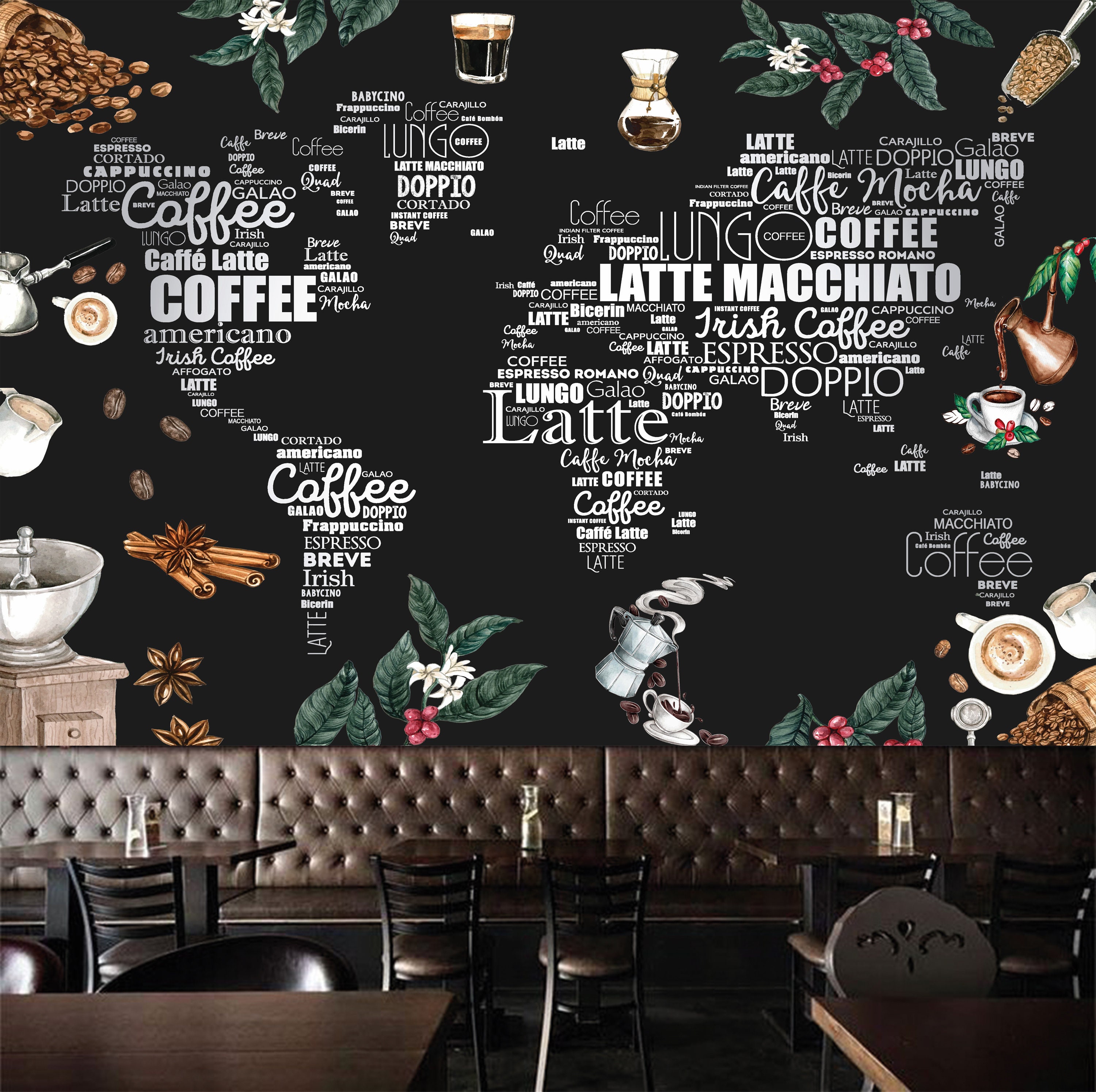 Coffee Shop World Map Peel and Stick Wallpaper,cafe Wall Mural ...
