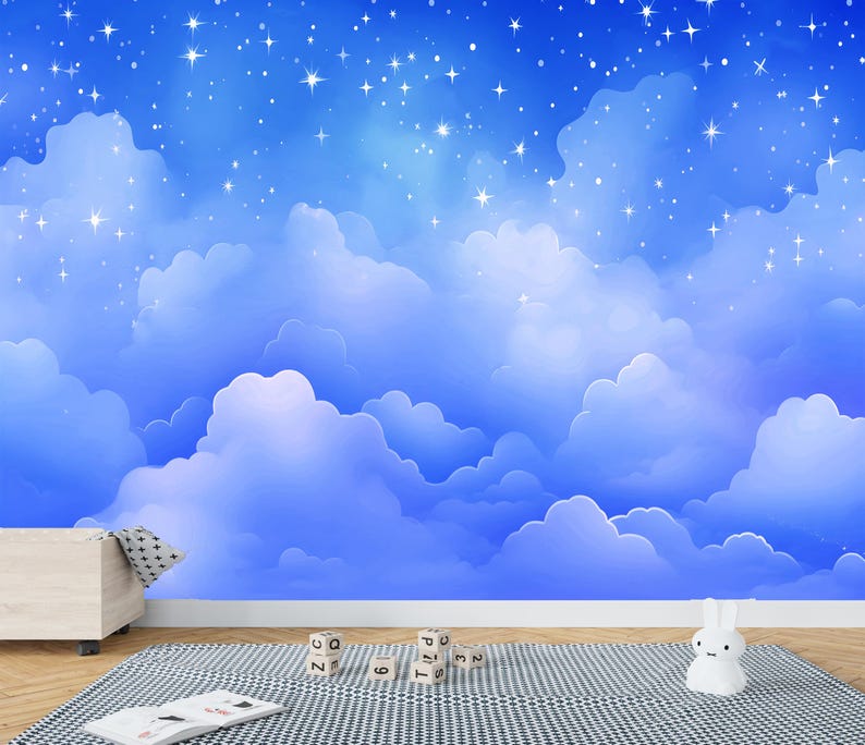 Blue Clouds Kids Wallpaper Peel and Stick,navy Sky Mural for Kids Room ...