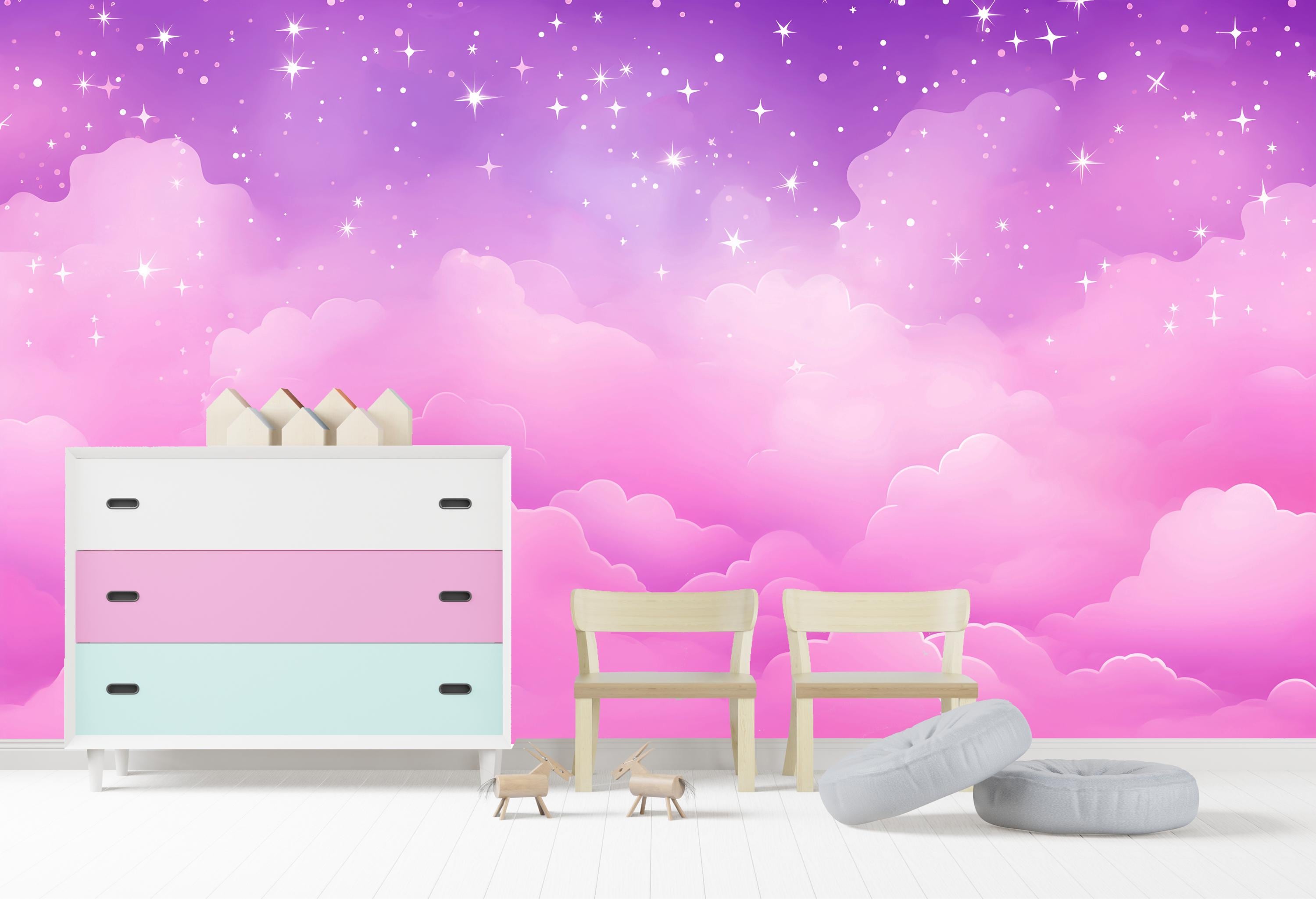 Pink Clouds Kids Wallpaper Peel and Stick,purple Sky Mural for Kids ...