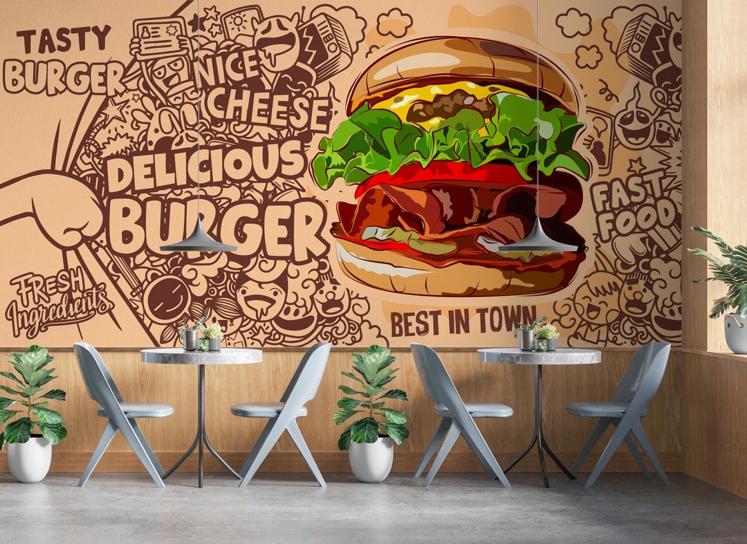 Hamburger Wallpaper Peel and Stick,fast Food Mural,burger Restaurant ...