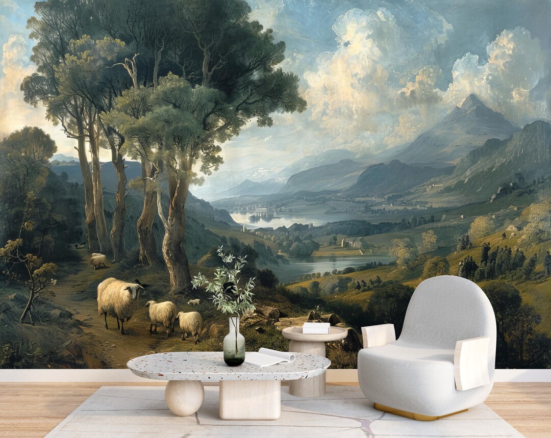 Rural Landscape Wallpaper Peel and Stick,vintage Mountain Scene Mural ...