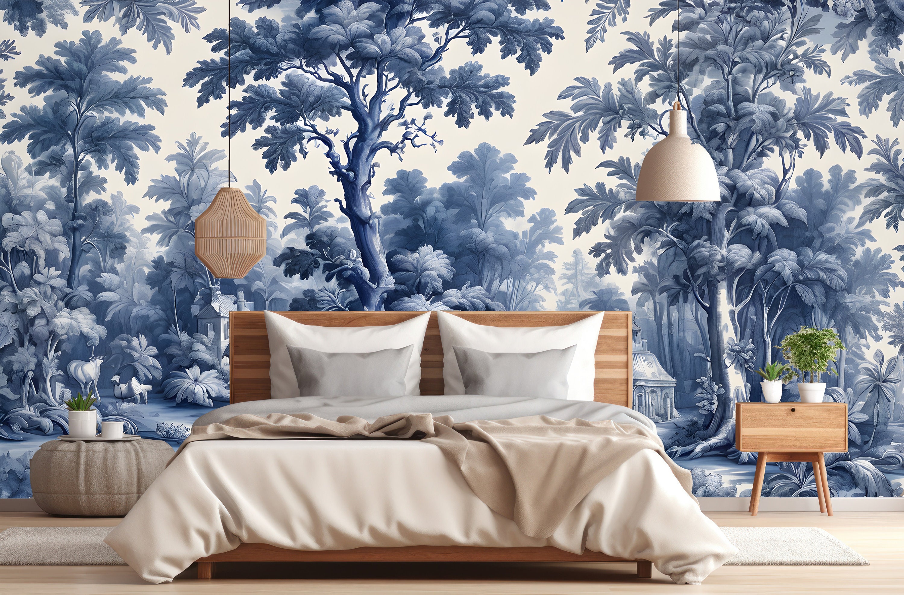 French Toile Landscape Wallpaper Peel and Stick,blue French Rustic Wall ...