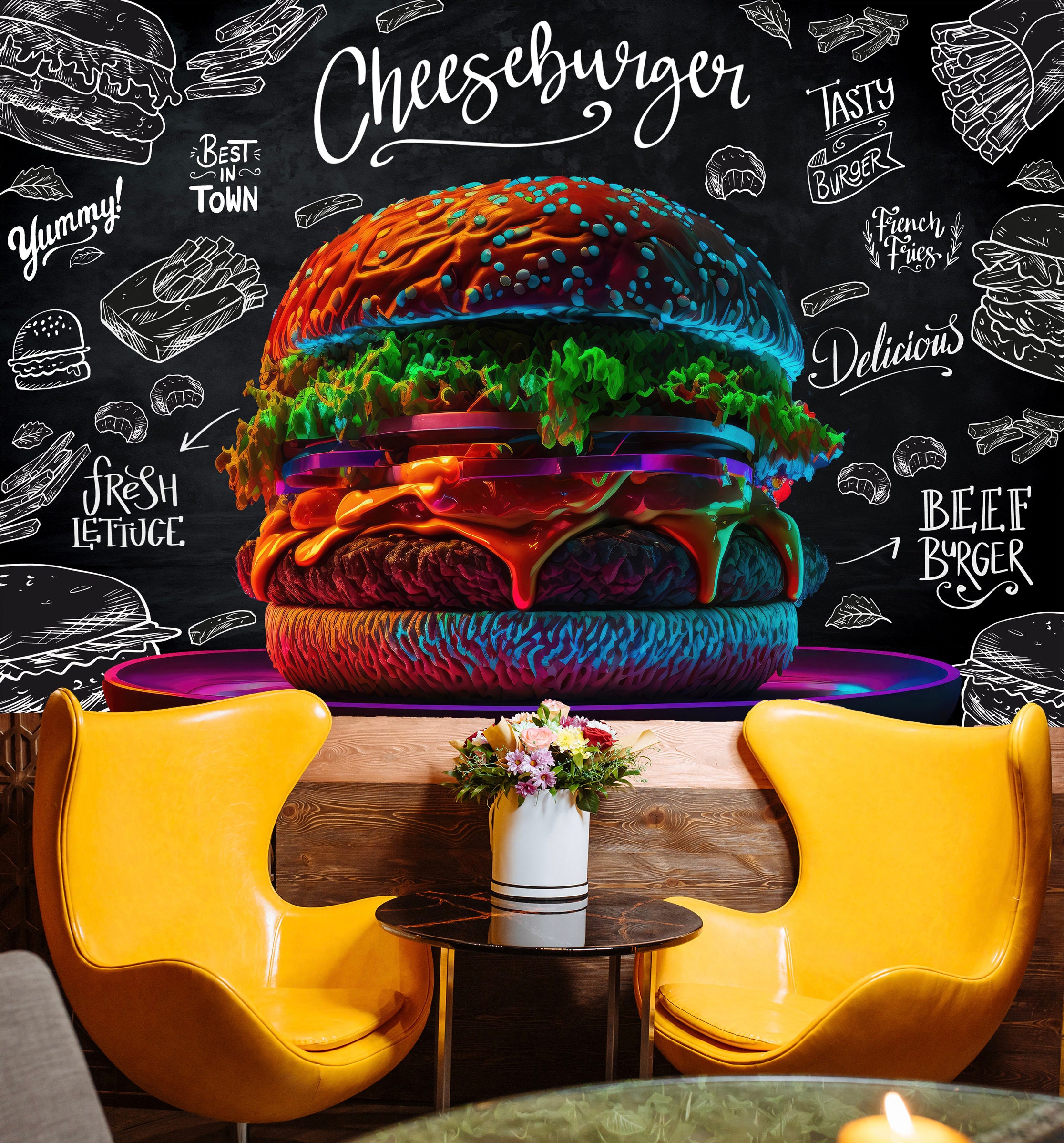 Neon Hamburger Restaurant Peel and Stick Wallpaper,black Fast Food ...