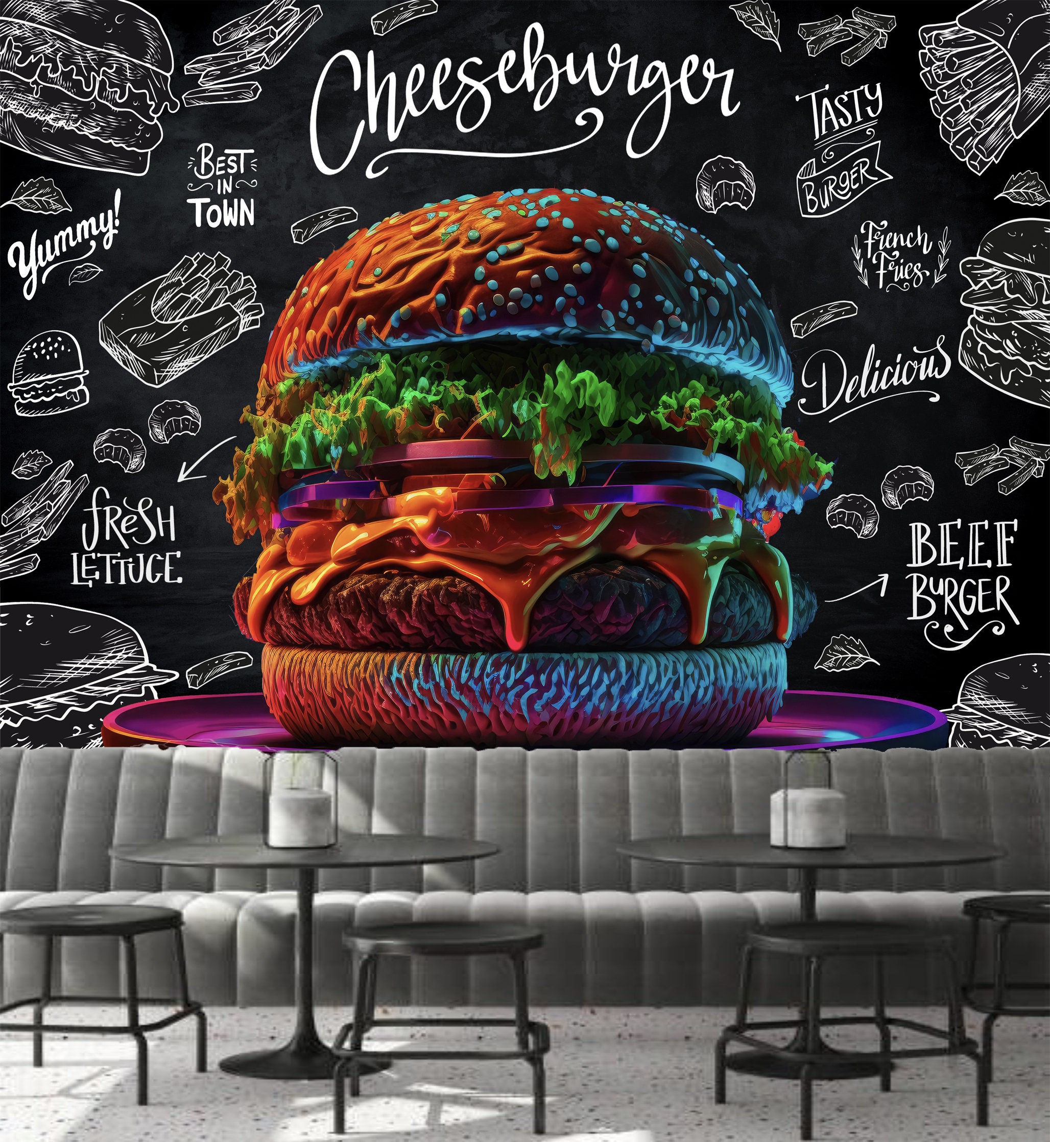 Neon Hamburger Restaurant Peel and Stick Wallpaper,black Fast Food ...