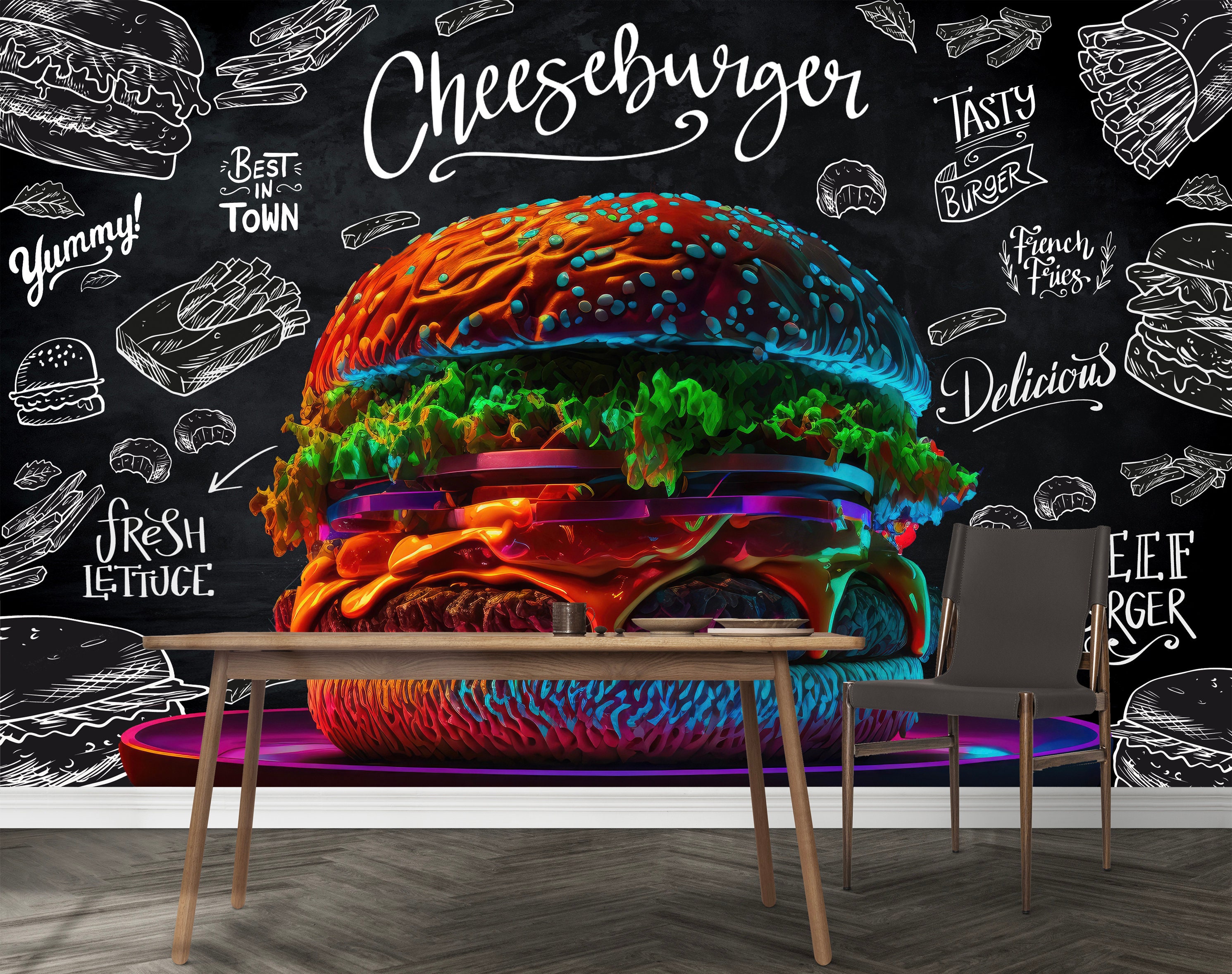 Neon Hamburger Restaurant Peel and Stick Wallpaper,black Fast Food ...