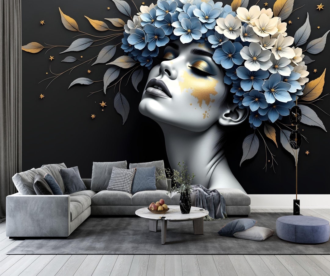 Woman Portrait With Hydrangeas Wallpaper Peel and Stick,female Face ...