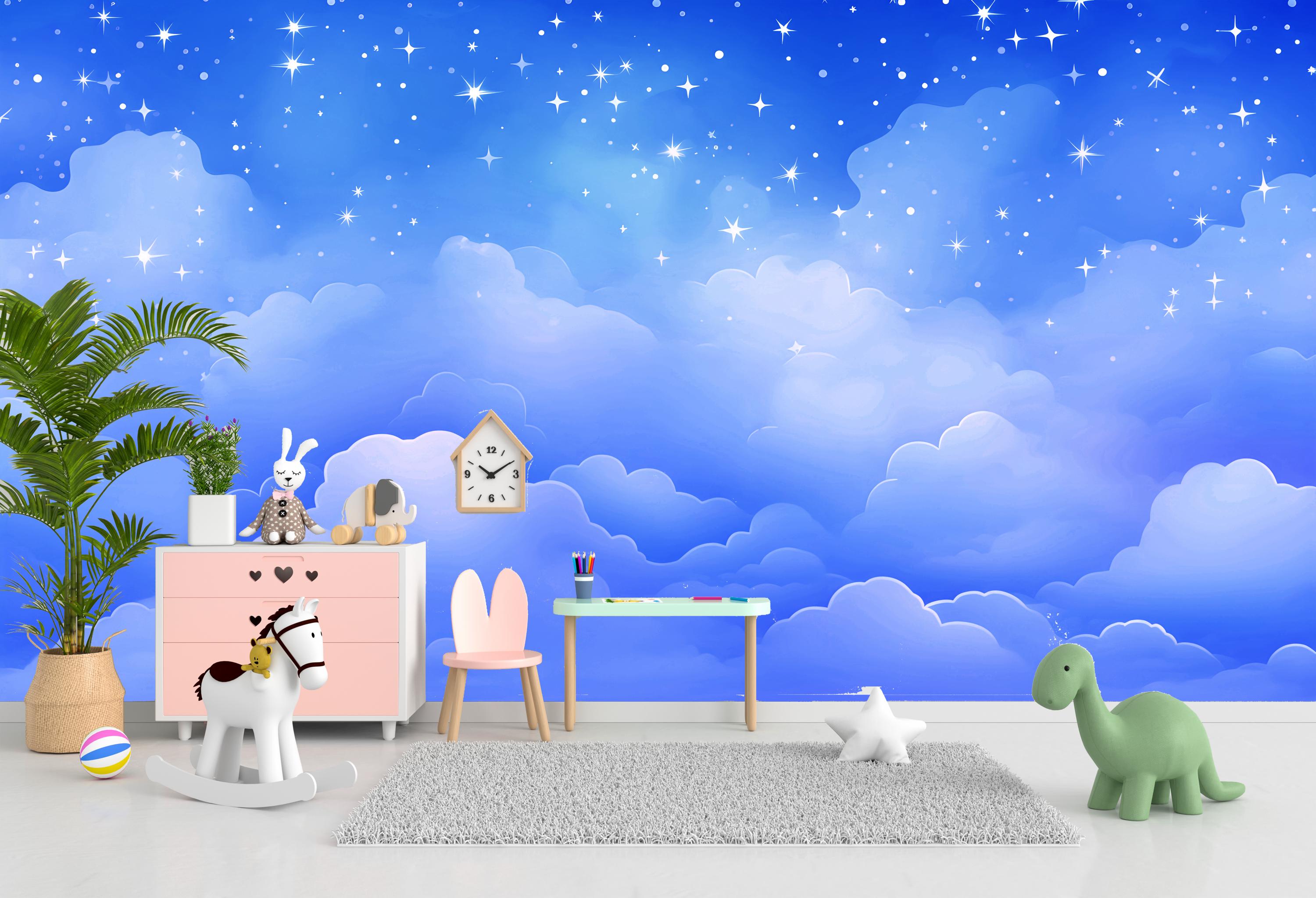 Blue Clouds Kids Wallpaper Peel and Stick,navy Sky Mural for Kids Room ...