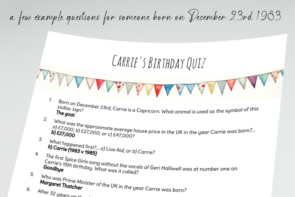 Personalised Birthday Quiz, a Round of 20 Personalised Quiz Questions ...
