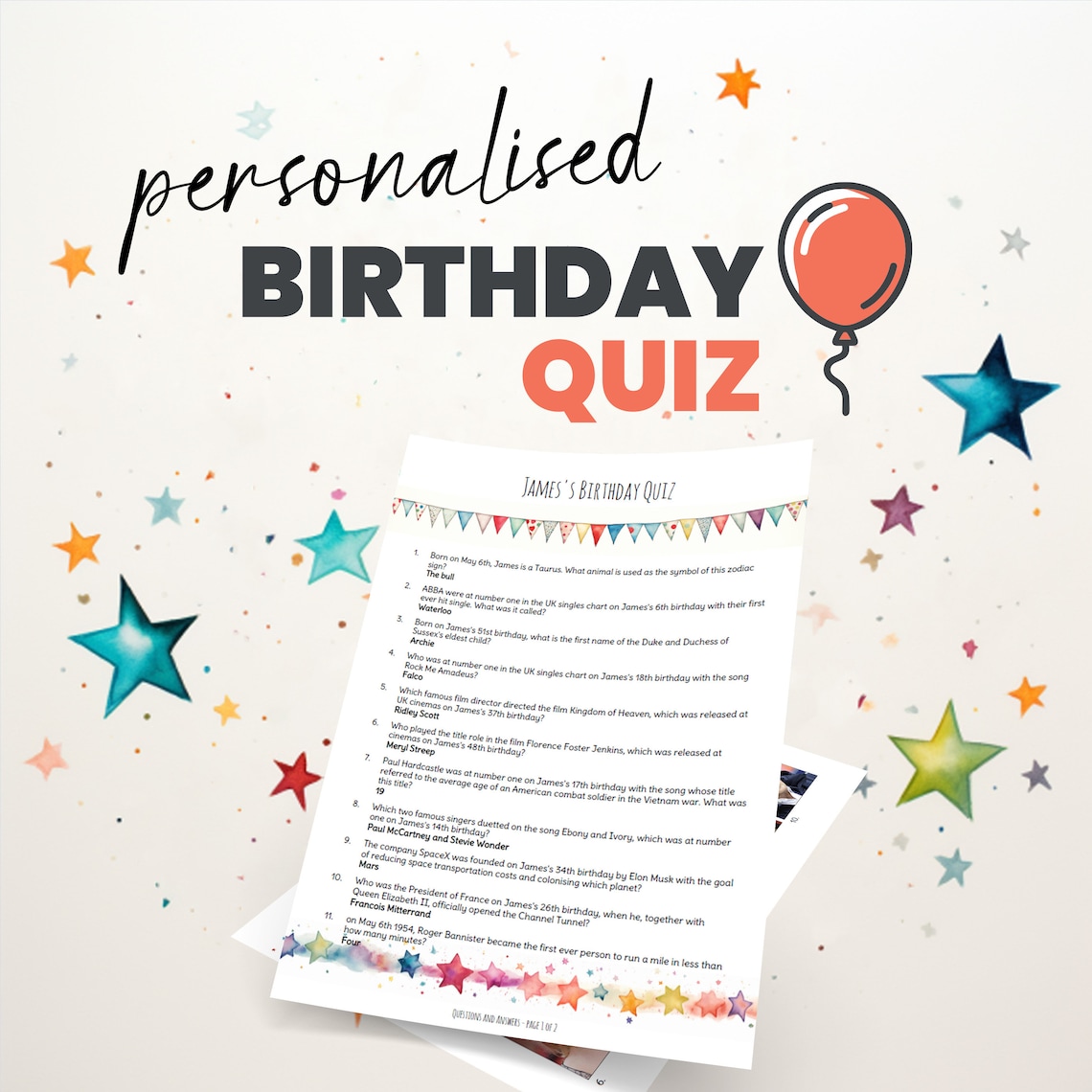 Personalised Birthday Quiz, a Round of 20 Personalised Quiz Questions ...