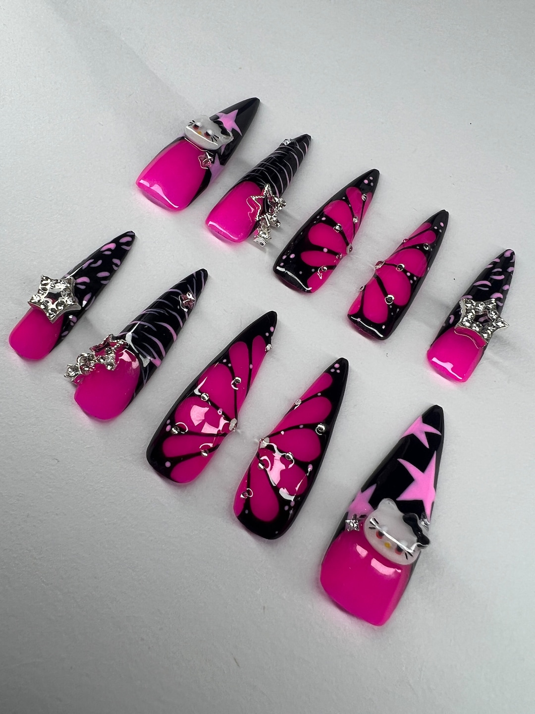 Y2K Hello Kitty Long Pink and Black XL Stiletto Press on Nails - Etsy