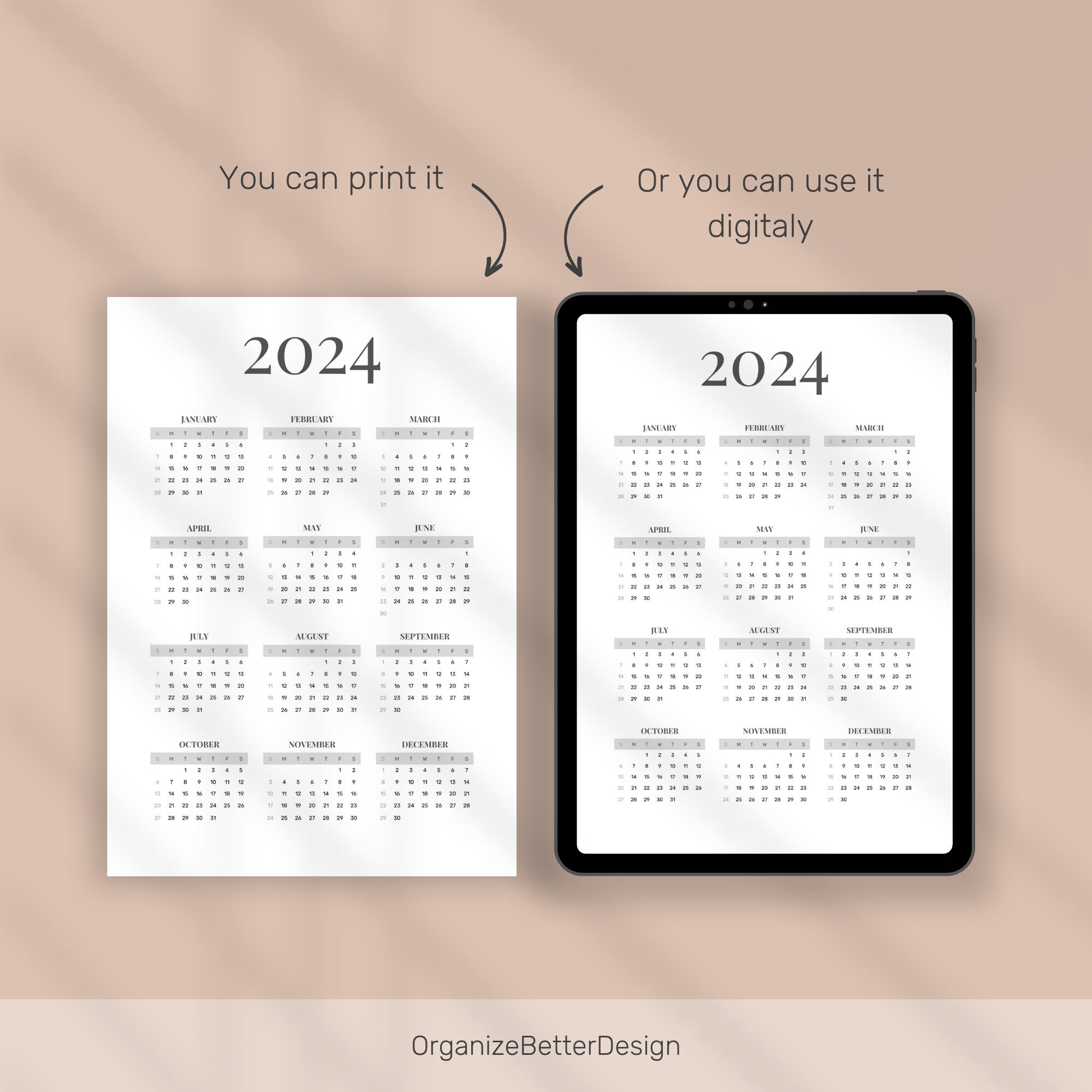 2024 Annual Calendar Printable Template, Year at a Glance, Minimalist ...