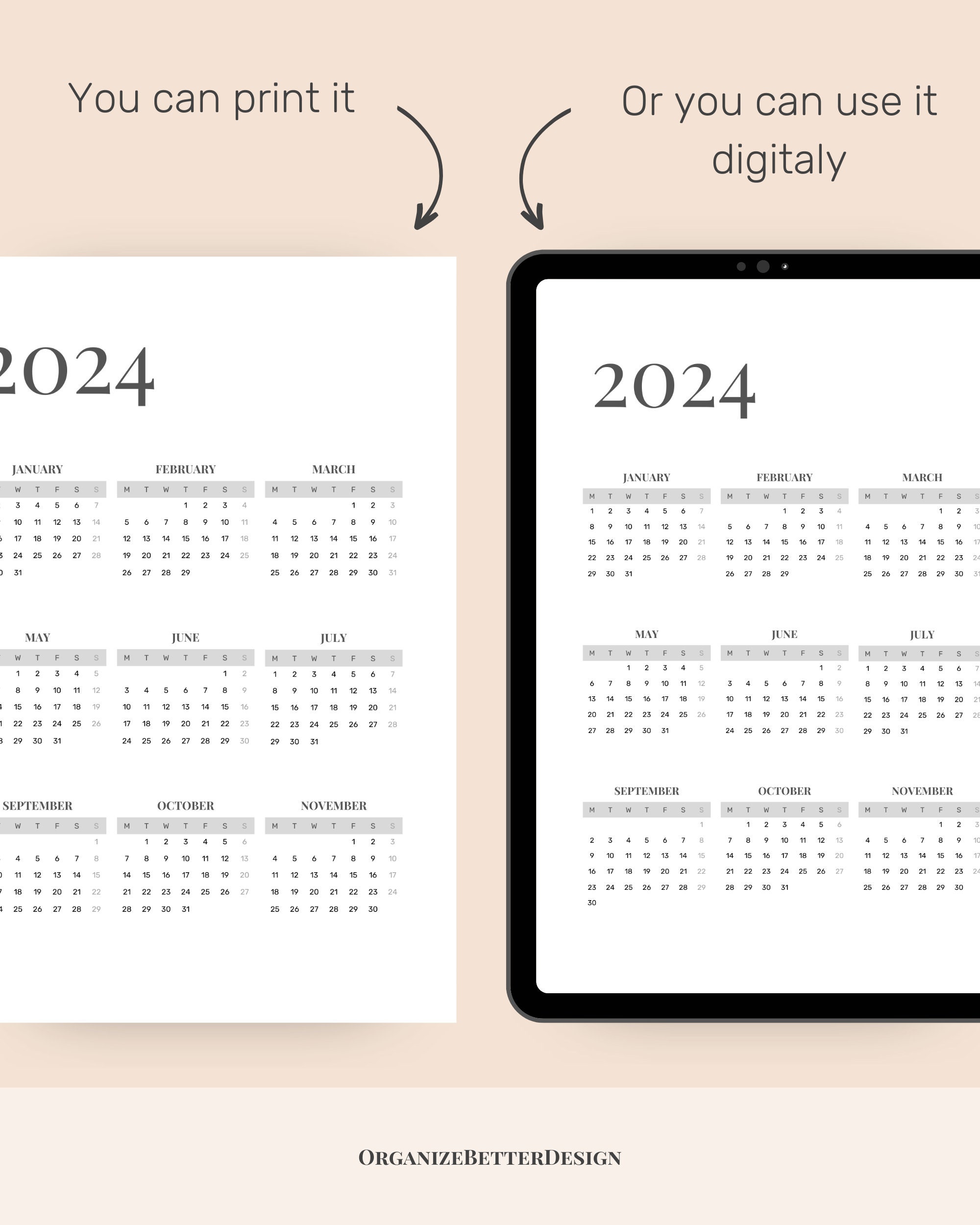 2024 Annual Calendar and Double-page Notes Digital Printable - Etsy