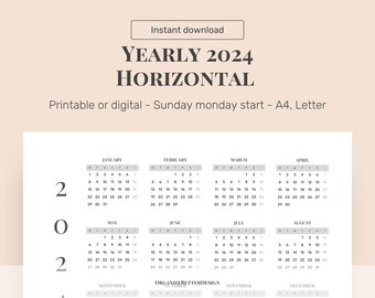 2024 Annual Calendar Printable Template, Year at a Glance, Minimalist ...