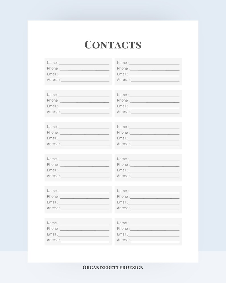 Contact Log With Adress, Mail and Phone Number, Minimalist Printable ...
