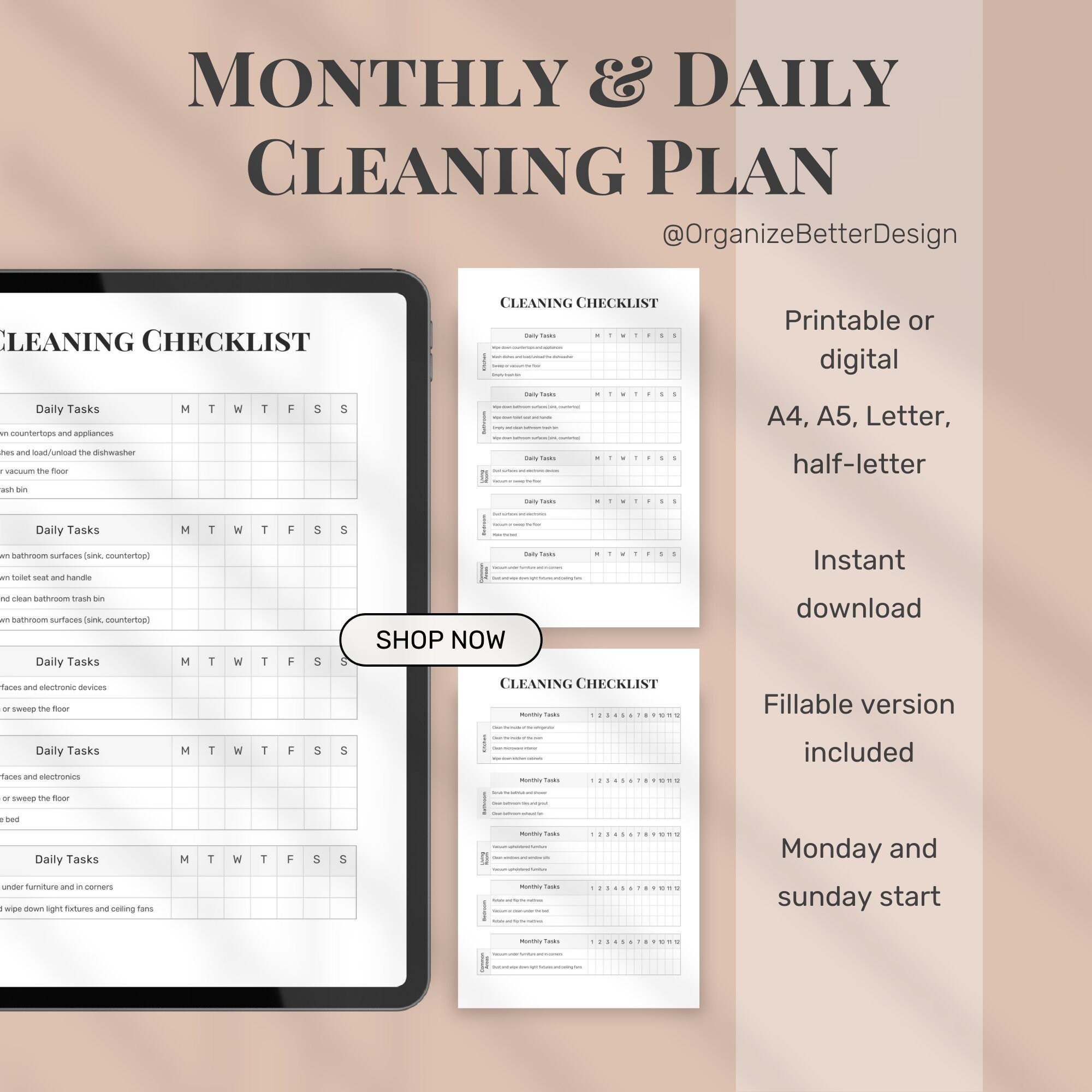 Weekly & Monthly Cleaning Chart for ADHD, Cleaning Checklist Plan ...