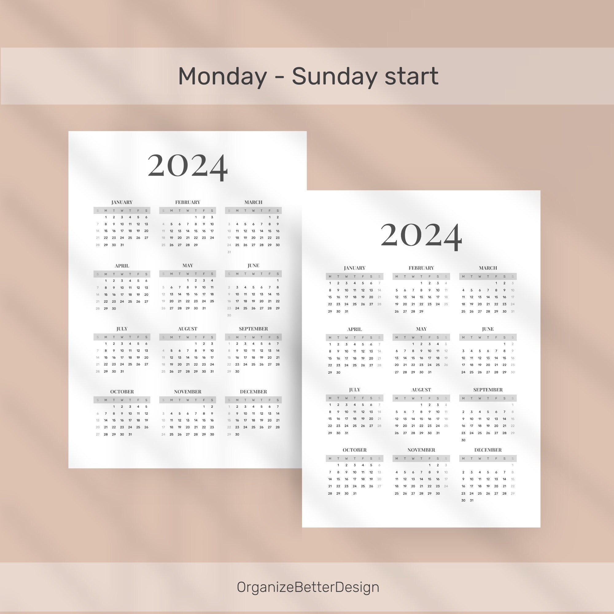 2024 Annual Calendar Printable Template, Year at a Glance, Minimalist ...