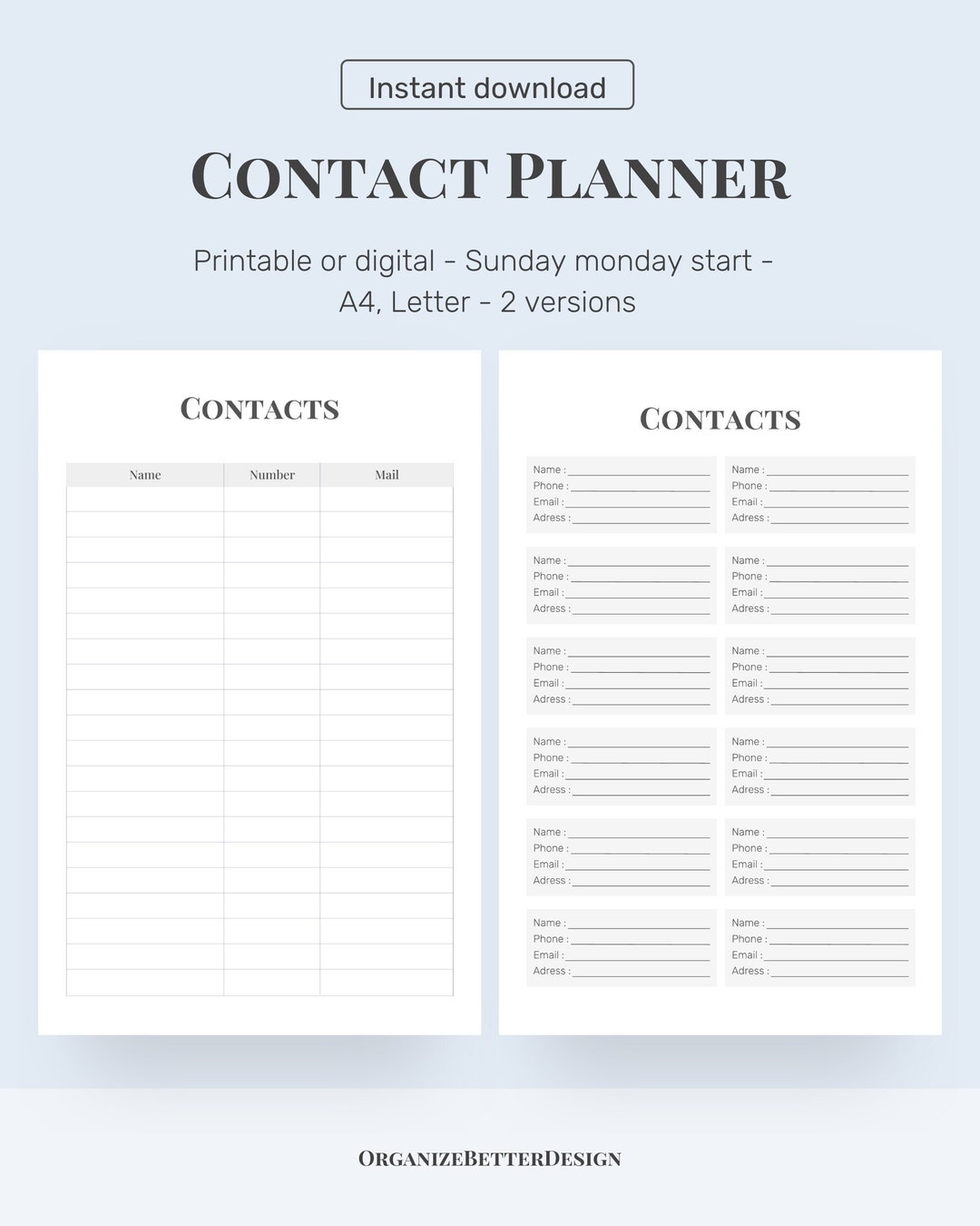 Contact Log With Adress, Mail and Phone Number, Minimalist Printable ...