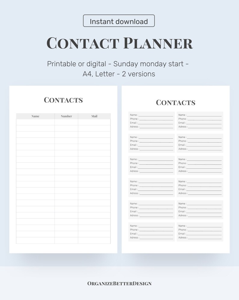 Contact Log With Adress, Mail and Phone Number, Minimalist Printable ...