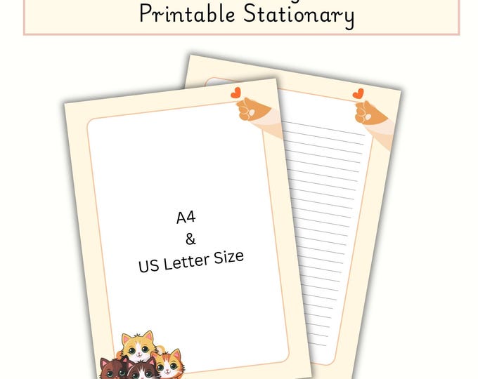 Cute Cat Stationery Bundle Printable, Cat Stationary, Kawaii Stationary ...