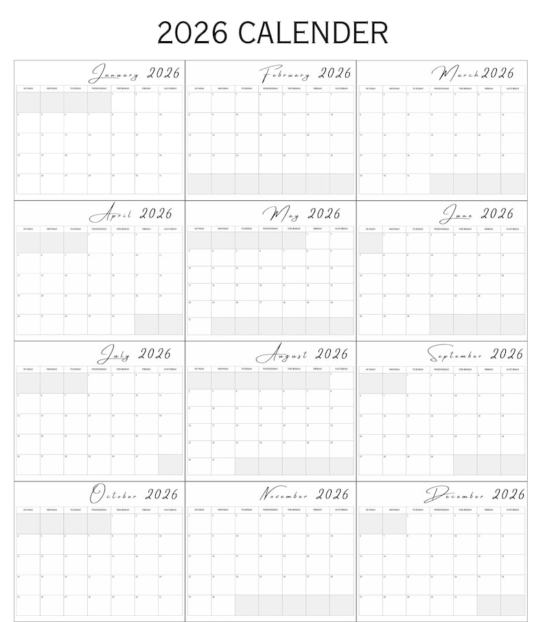 2026 Monthly Calendar Printable, Minimalist Sunday Start (US Letter PDF ...