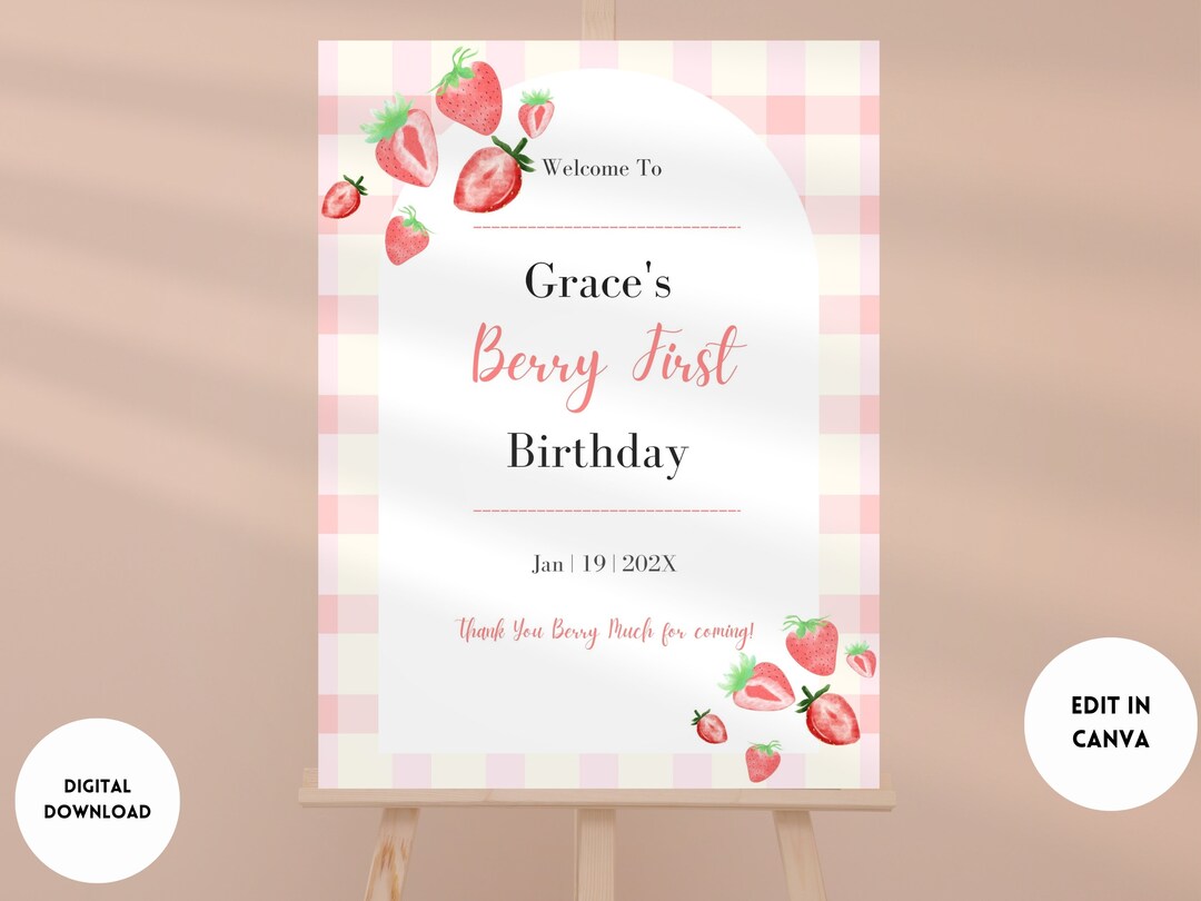 Berry First Welcome Sign Canva Template Strawberry Entrance Board Girls ...