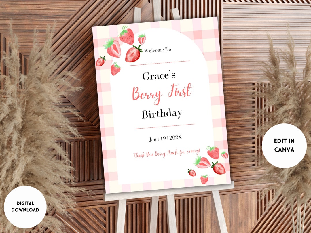 Berry First Welcome Sign Canva Template Strawberry Entrance Board Girls ...