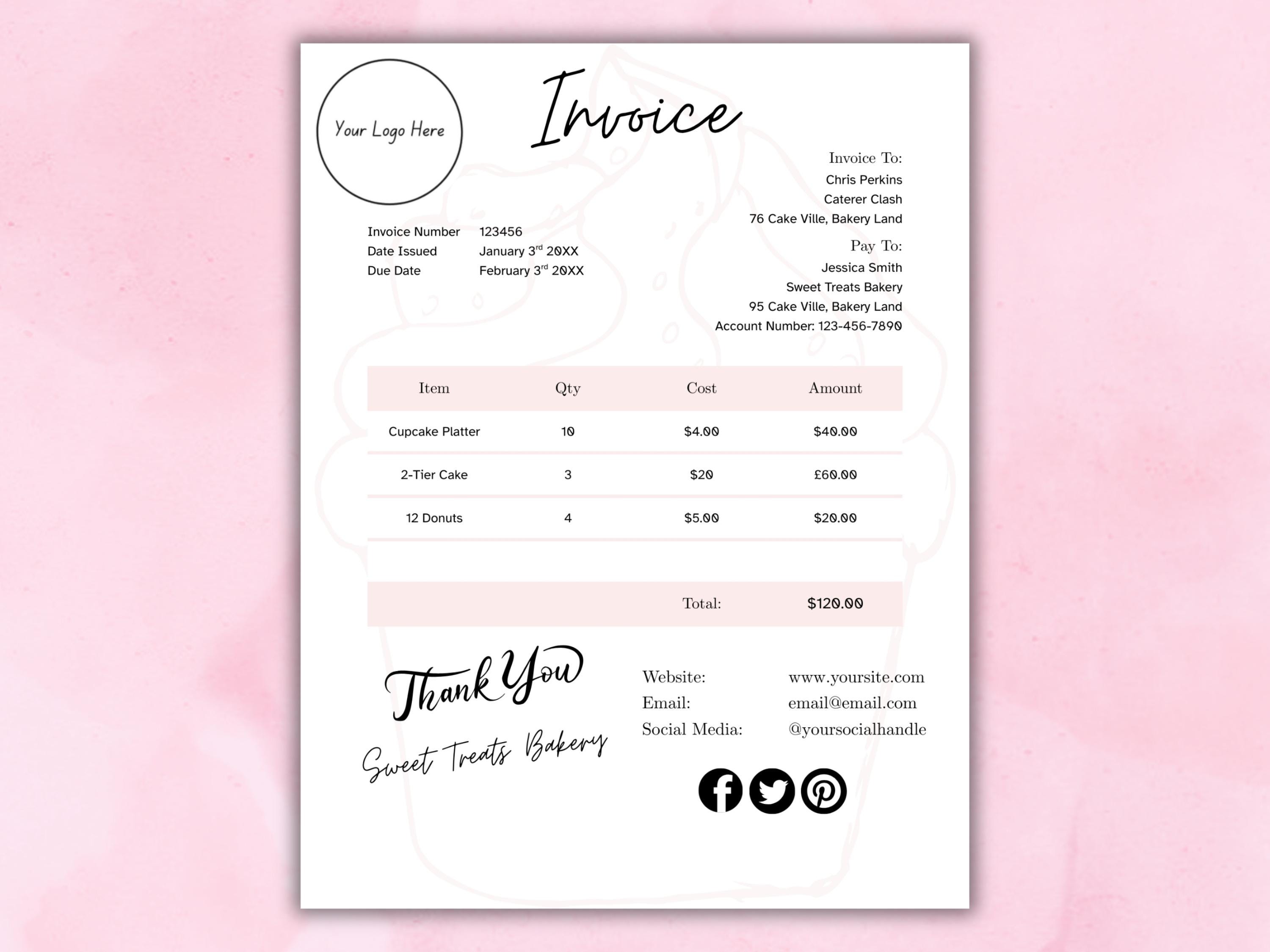 Pink Bakery Invoice Template, Cake Shop Payment Form, Pastry Chef Order ...