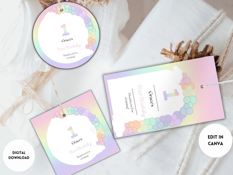Pastel Rainbow Birthday Gift Tag Bundle Colorful Party Favor Set Baby ...