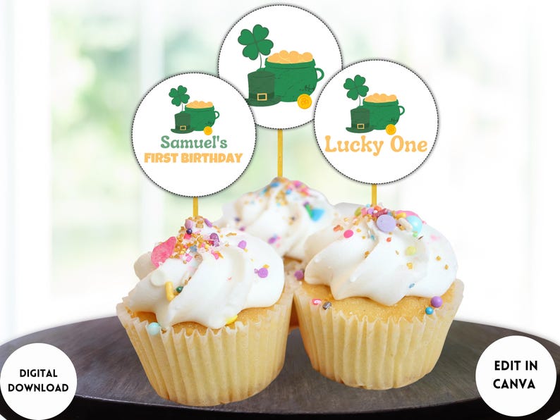 Lucky One First Birthday Cupcake Toppers | Shamrock 1st Bday Party Favors | Canva Template ...