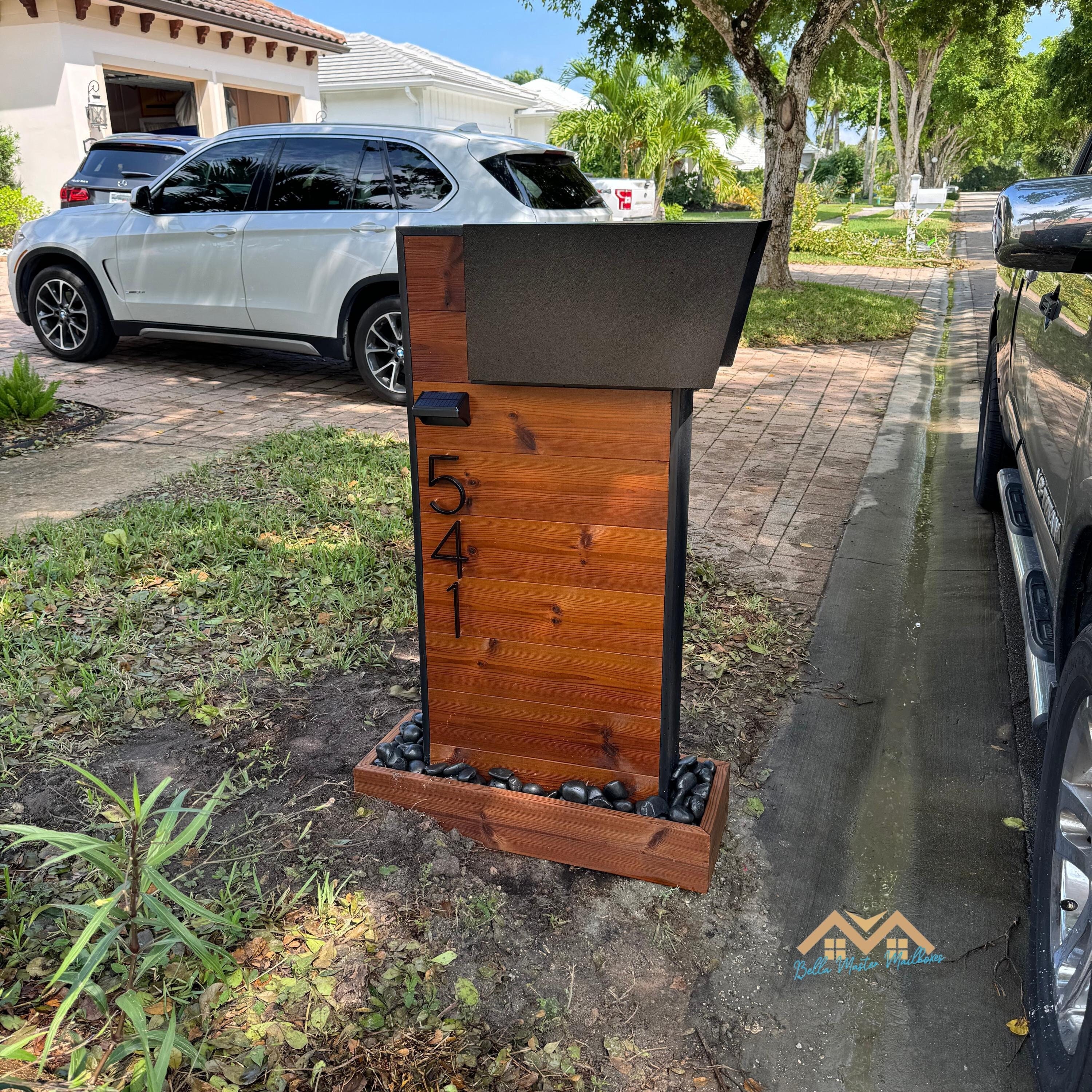 Modern Wood Mailbox With Post: Thermo-treated Wood, Solar Light - Etsy