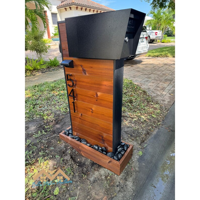 Modern Wood Mailbox With Post: Thermo-treated Wood, Solar Light - Etsy