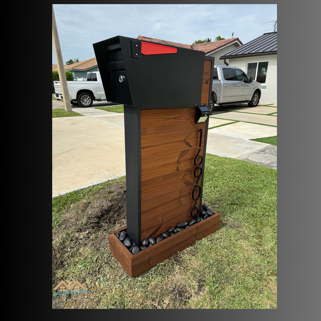 Modern Wood Mailbox With Post: Thermo-treated Wood, Solar Light - Etsy