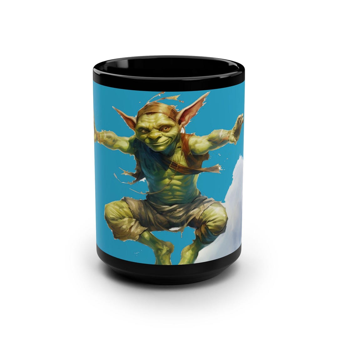 Athletic Goblin Mug, Smiling and Jumping Unique Black Coffee Cup, Large ...