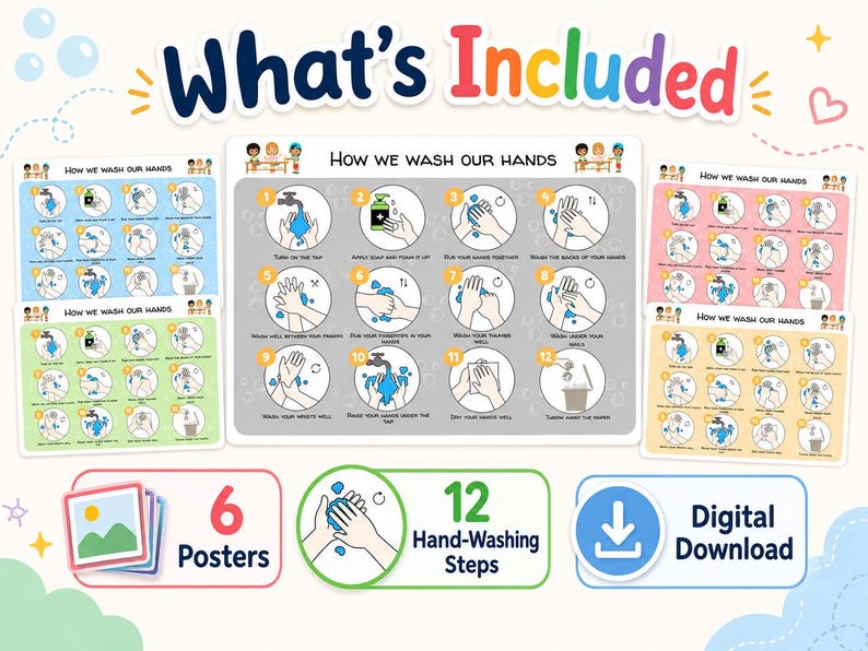 Hand Washing Steps Poster for Kids | Bathroom Visual Routine | Hygiene ...