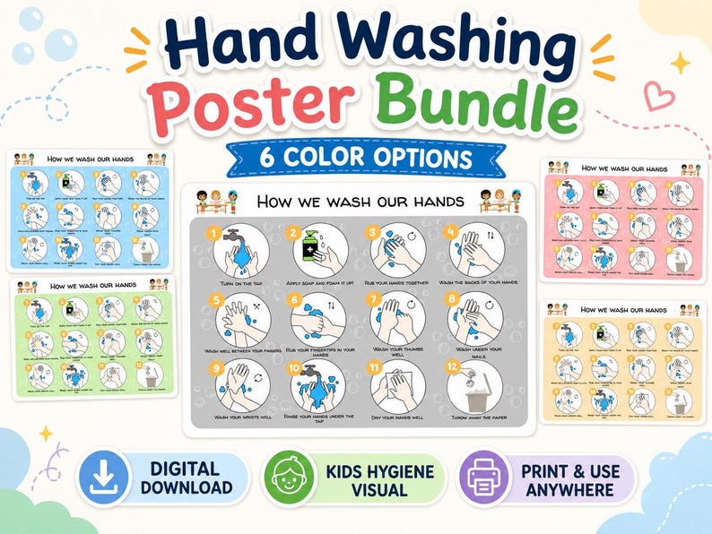 Hand Washing Steps Poster for Kids | Bathroom Visual Routine | Hygiene ...