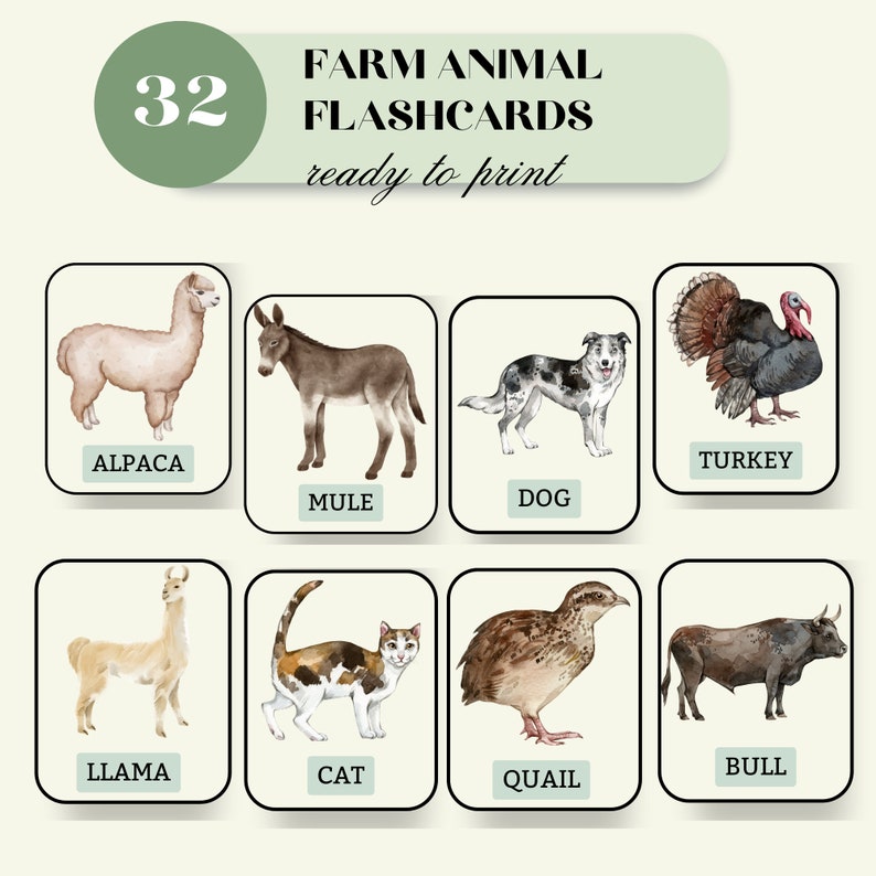 32 Farm Animal Flashcards for Kids Educational Learning Cards for ...