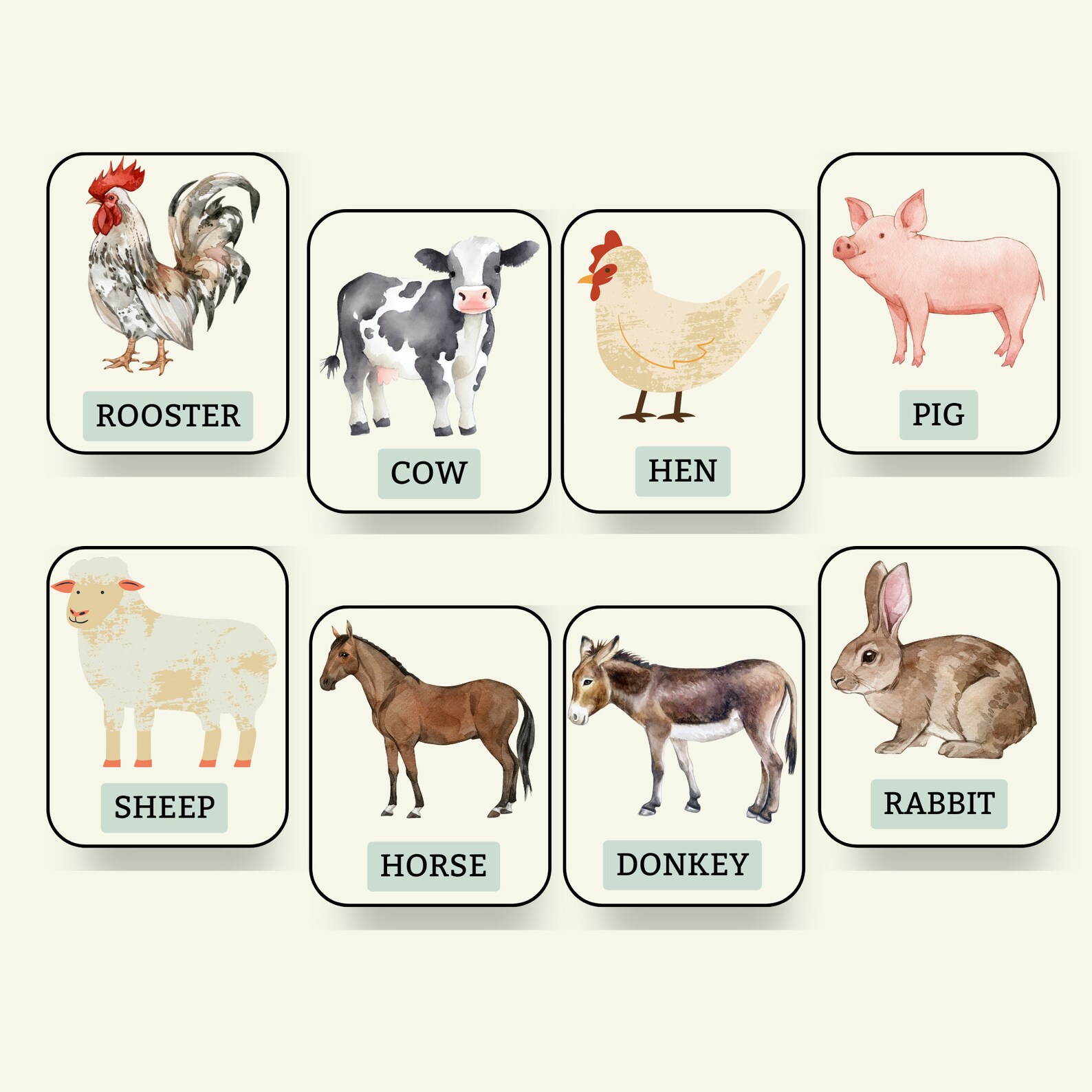 32 Farm Animal Flashcards for Kids Educational Learning Cards for ...