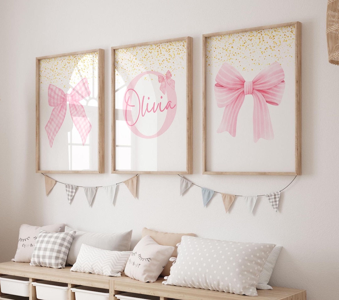Pink Bow Watercolor Custom Initial Name Art, Pink Girly Art, Pink ...