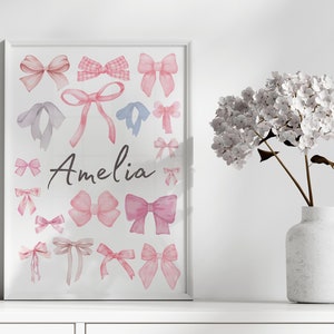 Trendy Pink Bows Wall Art, Pink Bow Print,custom Name, Coquette ...