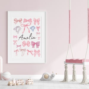 Trendy Pink Bows Wall Art, Pink Bow Print,custom Name, Coquette ...